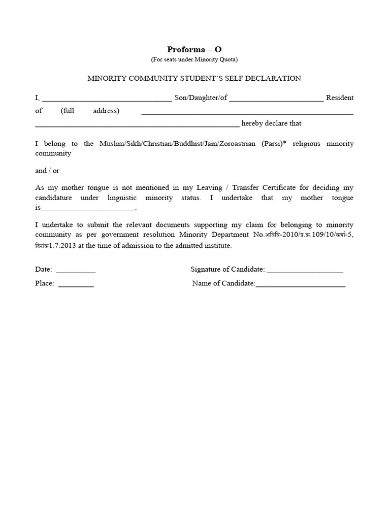 Proforma O for Minority Community Declaration | PDF