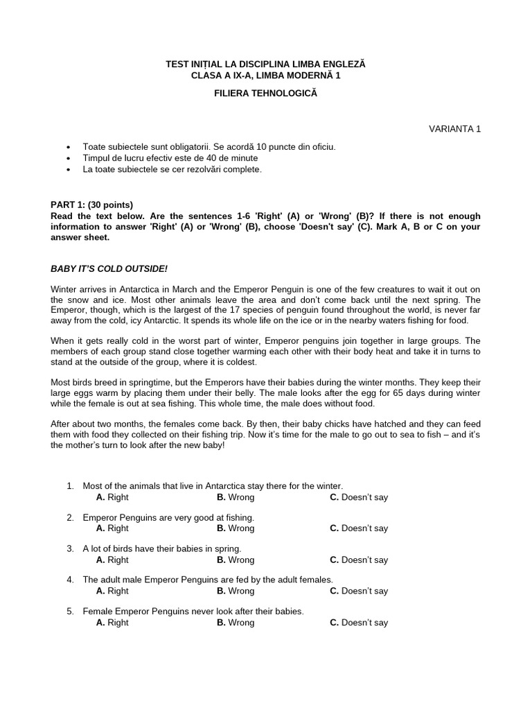 Test Initial L1 - IX - Filiera Tehnologica - Limba Engleza | PDF ...