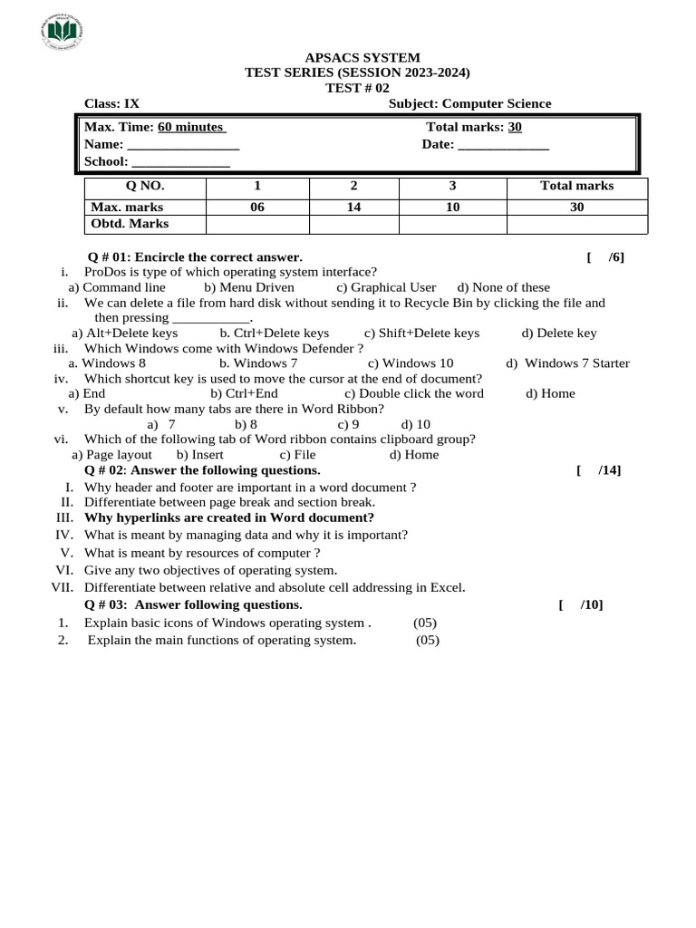 computer grade 9 test 02 | PDF