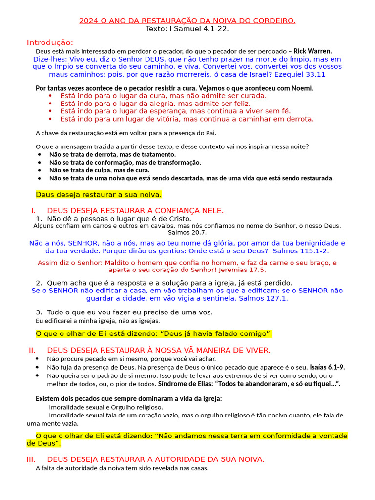 Restauração da Noiva do Cordeiro em 2024 | PDF | Jesus | Pecado