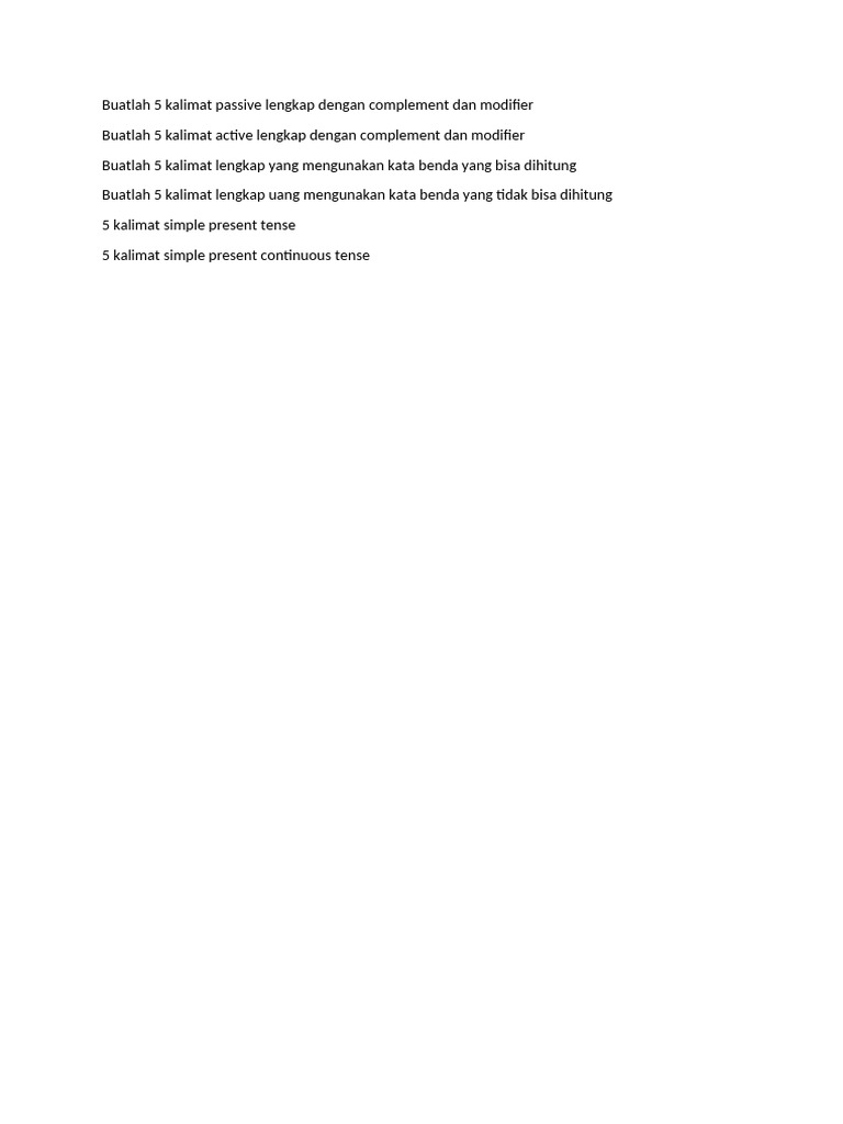 Buatlah 5 Kalimat Passive Lengkap Dengan Complement Dan Modifier | PDF Buatlah 5 Kalimat Passive Lengkap Dengan Complement Dan Modifier | PDF