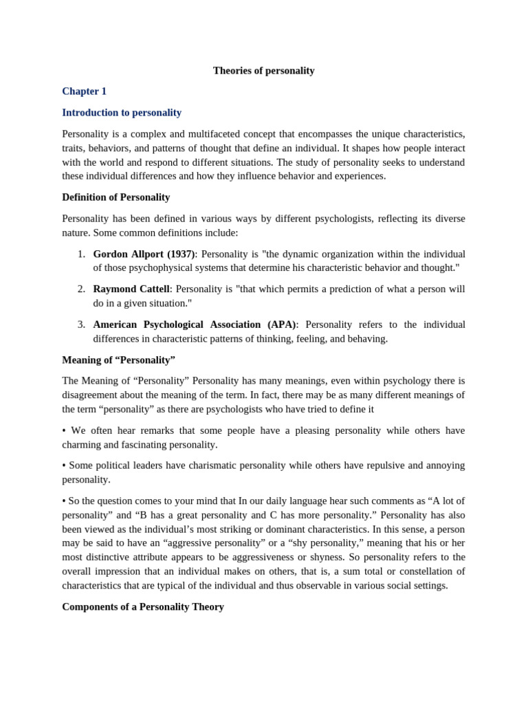 Theories of Personality Final Notes | PDF | Id | Personality Type