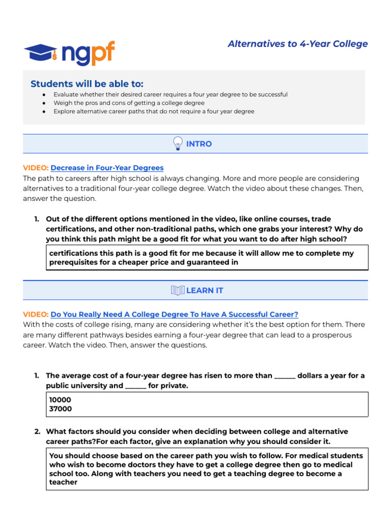 Alternatives To 4-Year College Student Activity Packet | PDF ...