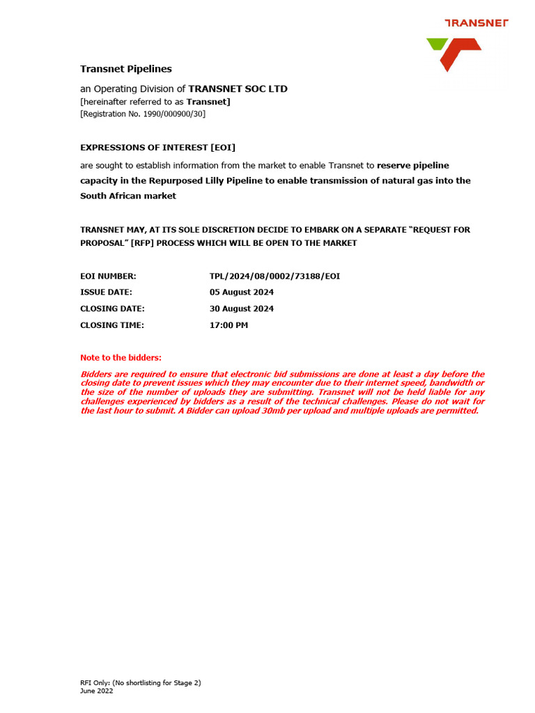 Eoi - Transnet To Reserve Pipeline Capacity in The Repurposed Lilly ...