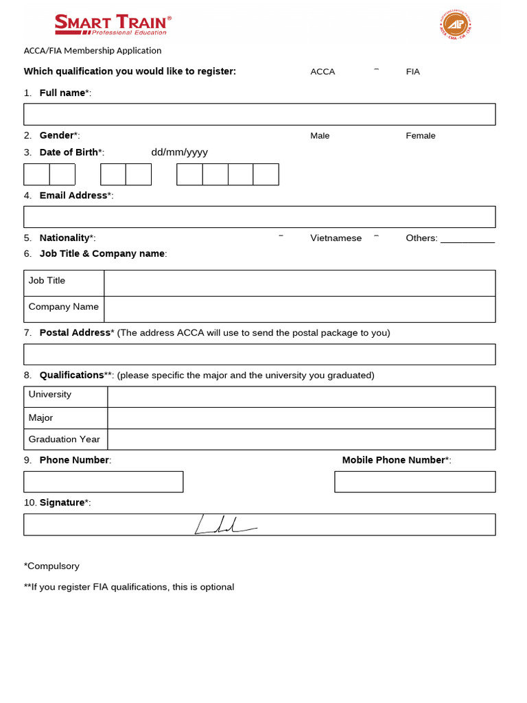 ACCA/FIA Membership Form | PDF | Finance & Money Management