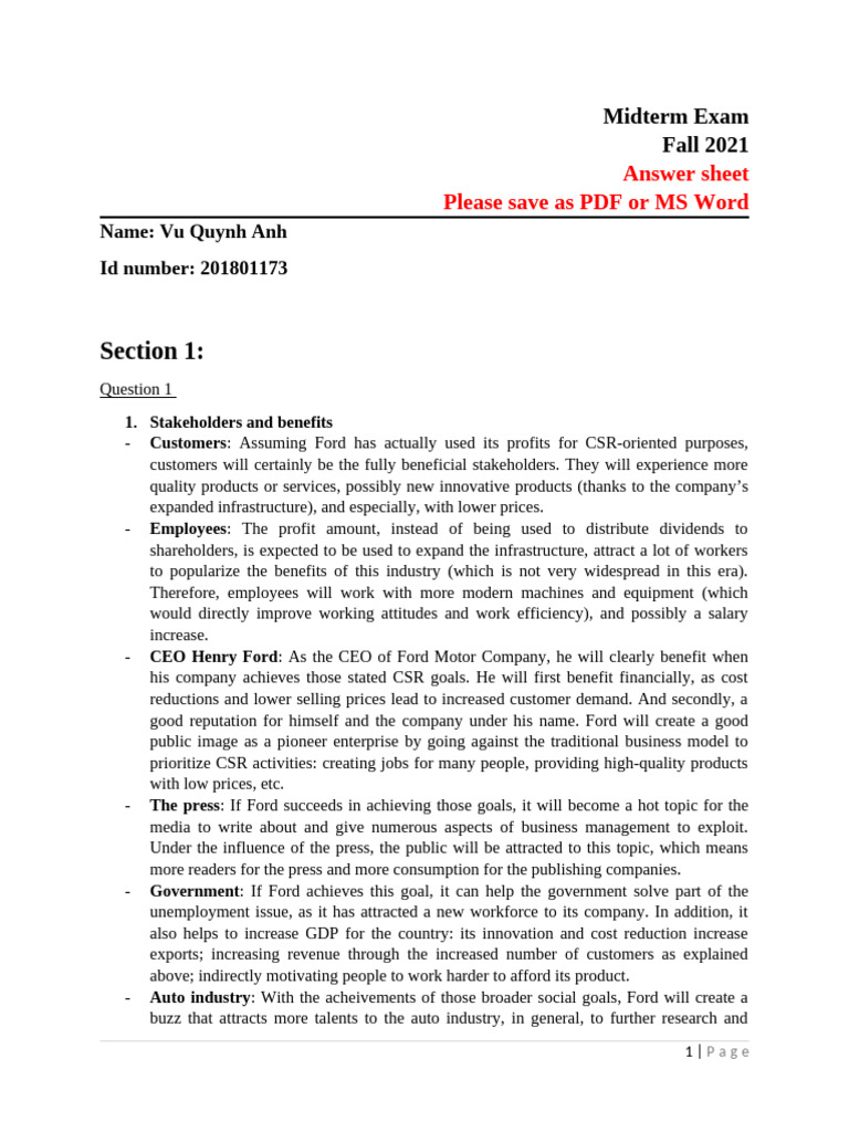 Business Ethics Exam Analysis | PDF | Corporate Social Responsibility ...