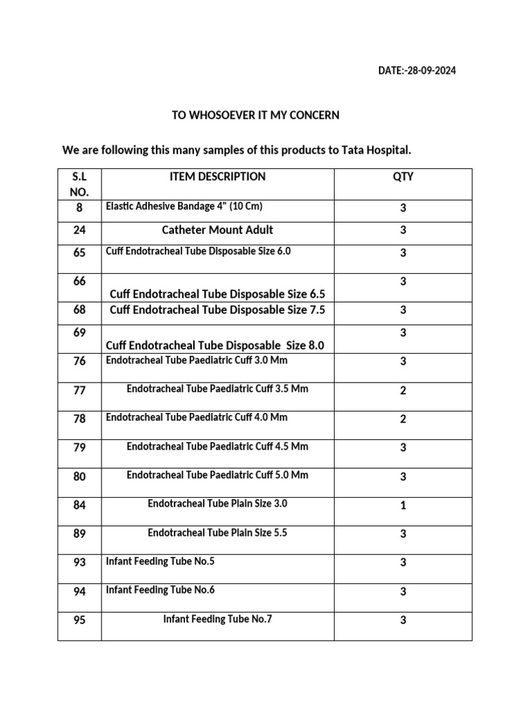 Tata Hospital Sample List | PDF