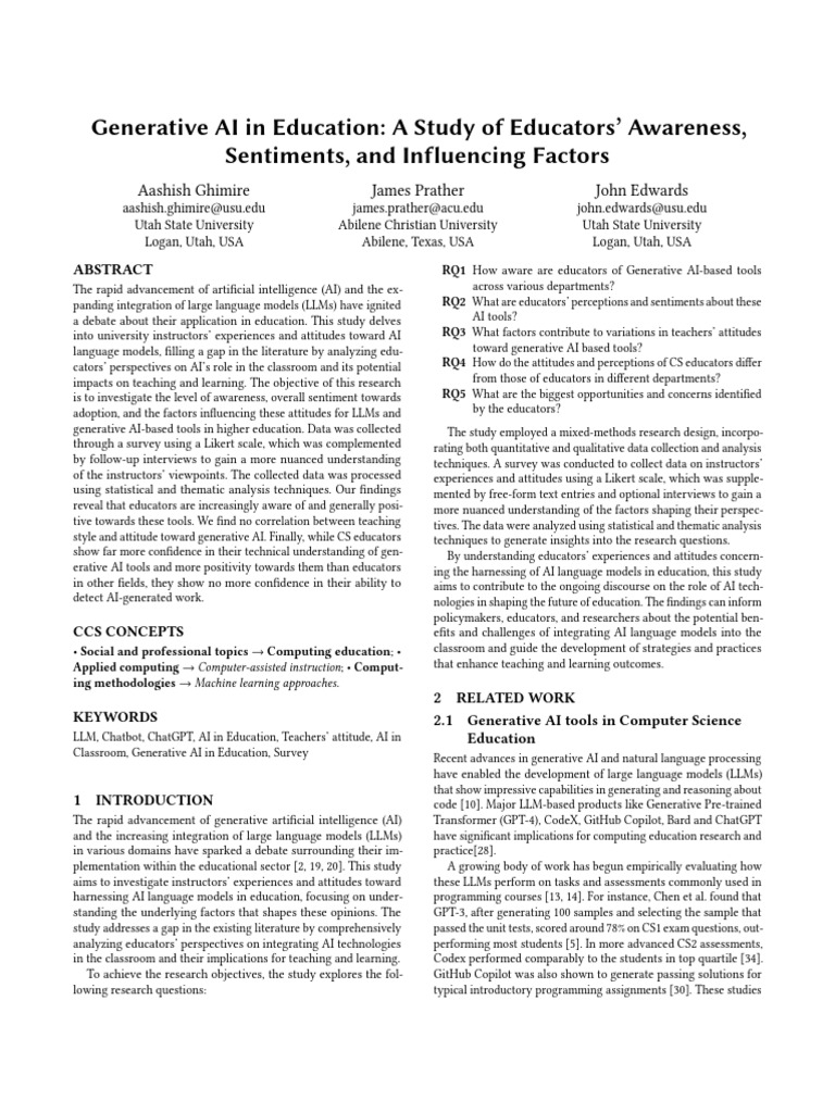 Generative AI in Education: A Study of Educators' Awareness, Sentiments, and Influencing Factors ...