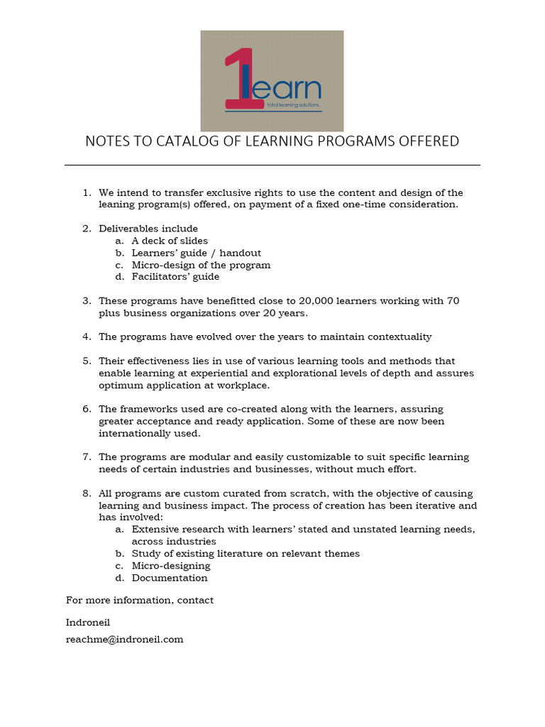 Notes To Catalog of Learning Programs Offered | PDF | Business