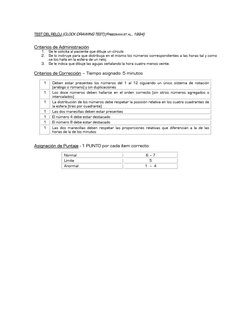 Test del Reloj: Instrucciones y Criterios | PDF