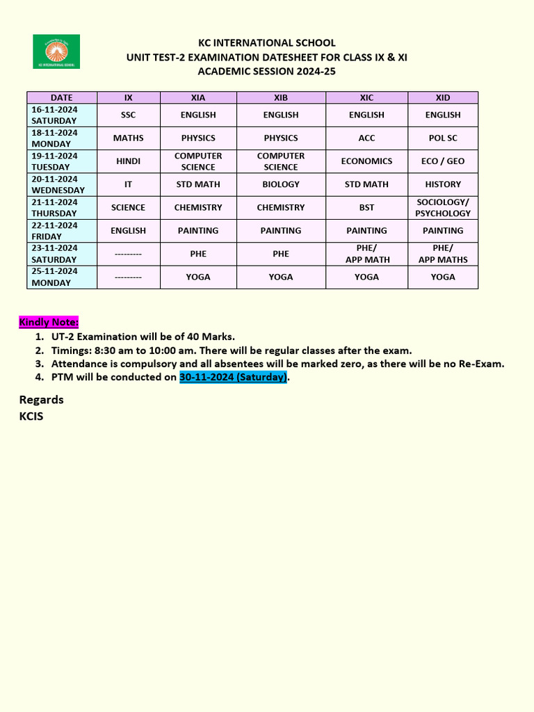 Class IX & XI UT-2 Exam Schedule 2024-25 | PDF