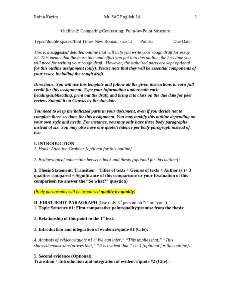 Essay 2 Outline-Comparing Point-By Point (Revised) | PDF | Essays | Thesis
