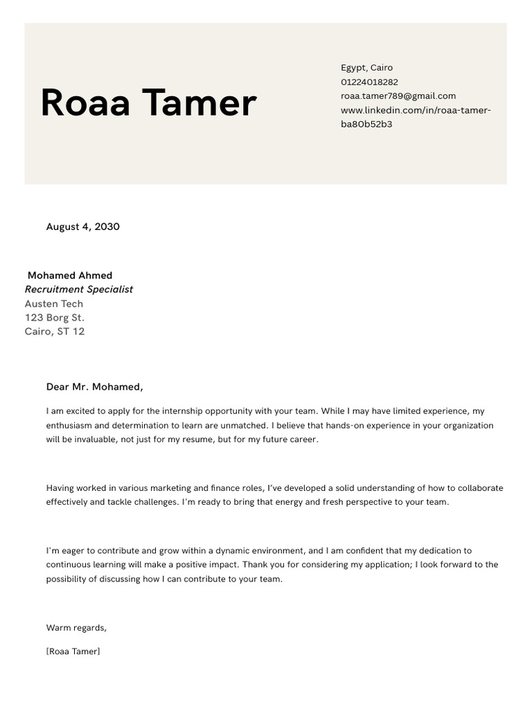 Cover Letter Doc in Cream White Simple Style | PDF