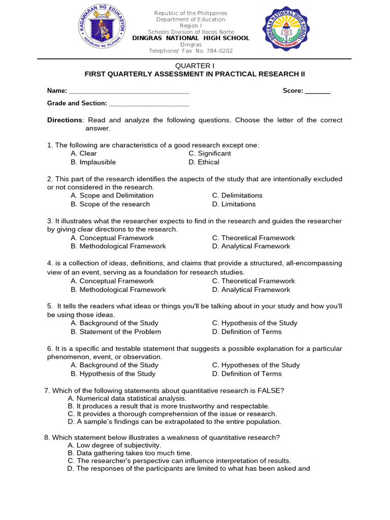 First Quarterly Assessment | PDF | Methodology | Quantitative Research