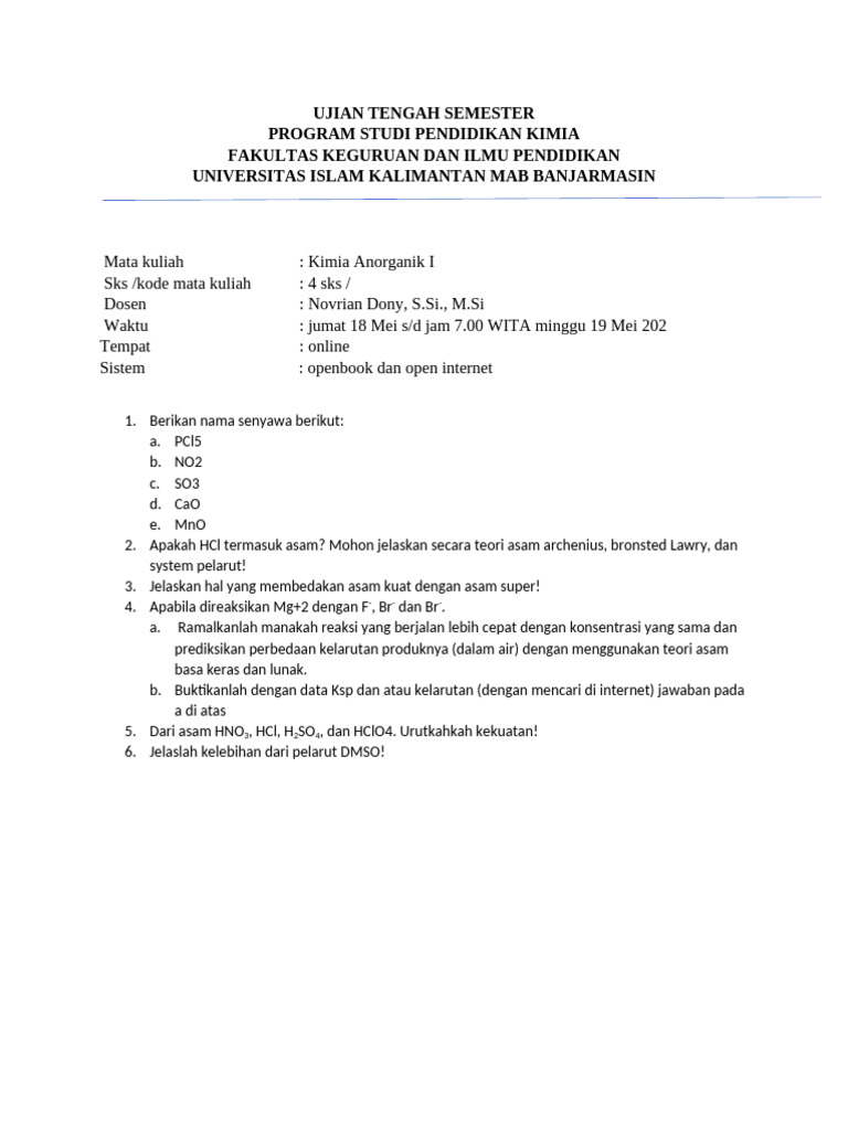 UTS Kimia ANorganik I 2024-2025 Genap | PDF | Teknologi & Rekayasa