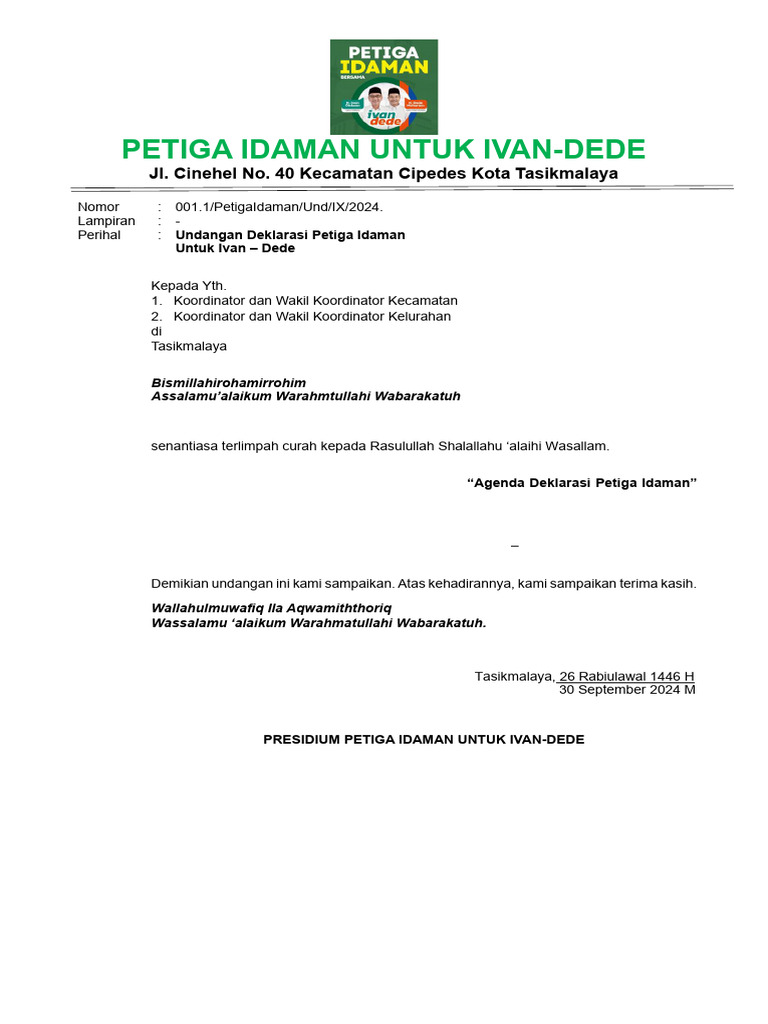 001.1. Undangan Deklarasi Petiga Idaman (Korcam Dan Korlur) | PDF