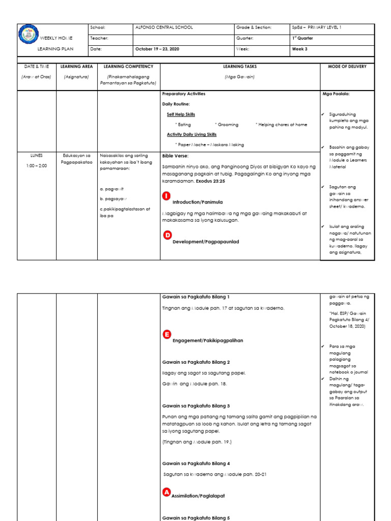 Weekly Home Learning Plan: 1 Quarter October 19 - 23, 2020 Week 3 | PDF