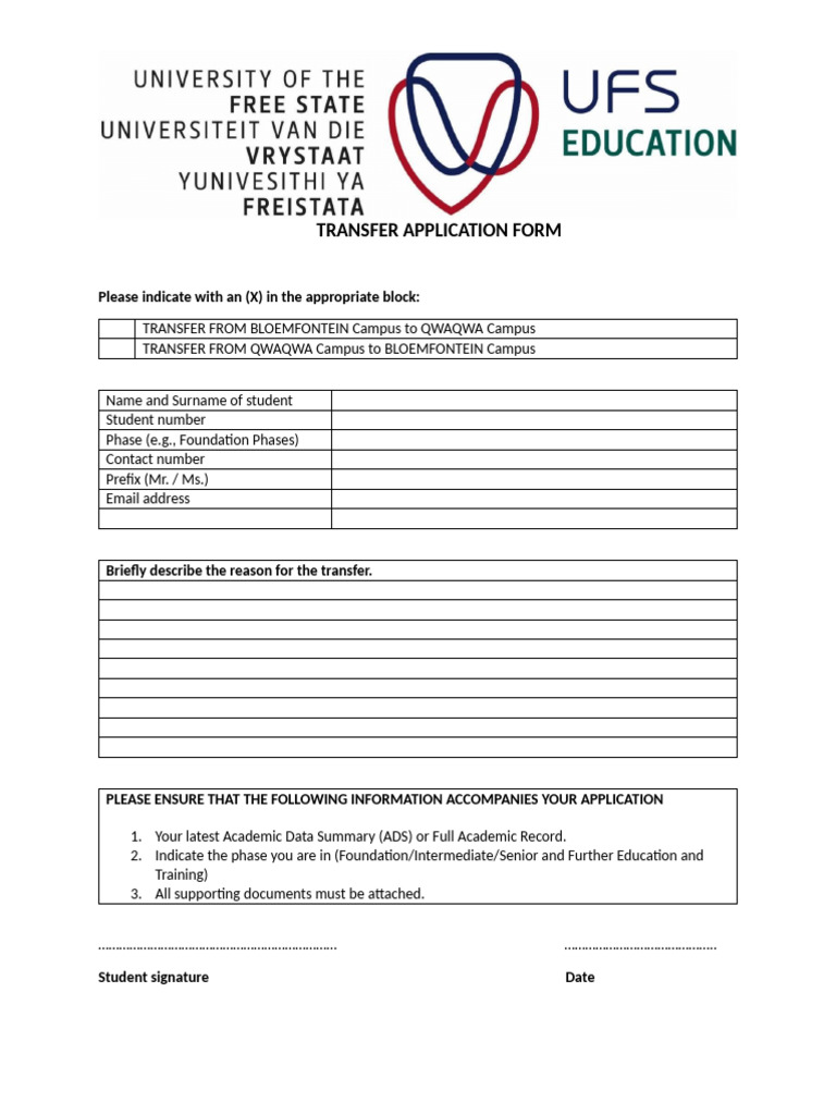 Transfer Application Form | PDF