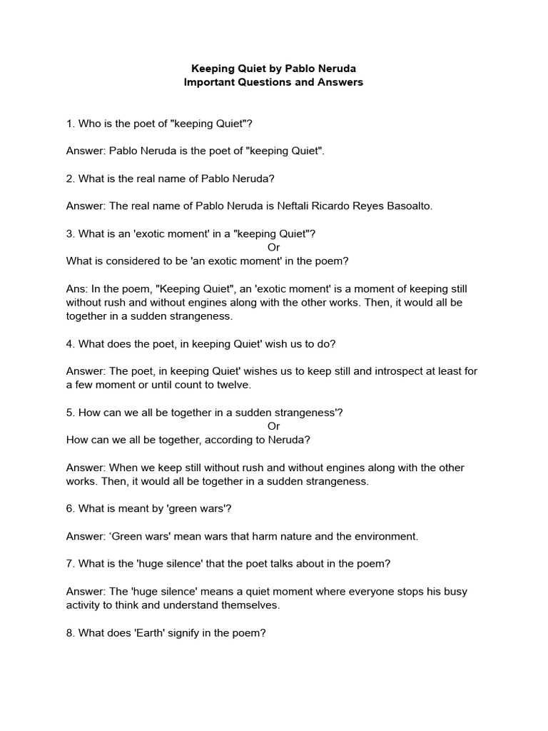 Important Q&A on Neruda's "Keeping Quiet" | PDF