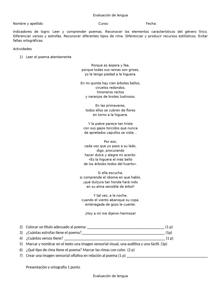 Evaluación de Comprensión de Poemas | PDF