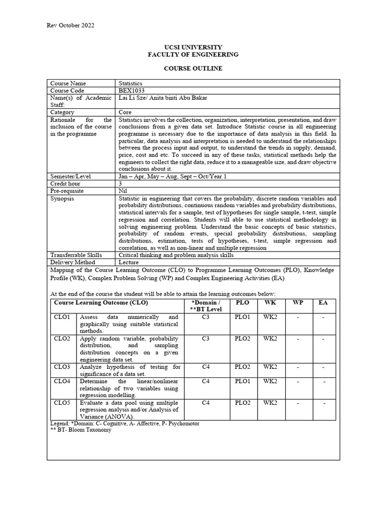 BEX1033 Statistics Outline | PDF | Regression Analysis | Statistics