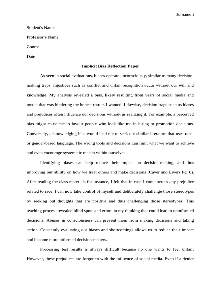 Reflection Paper On Implicit Bias - Edited | PDF | Bias | Stereotypes