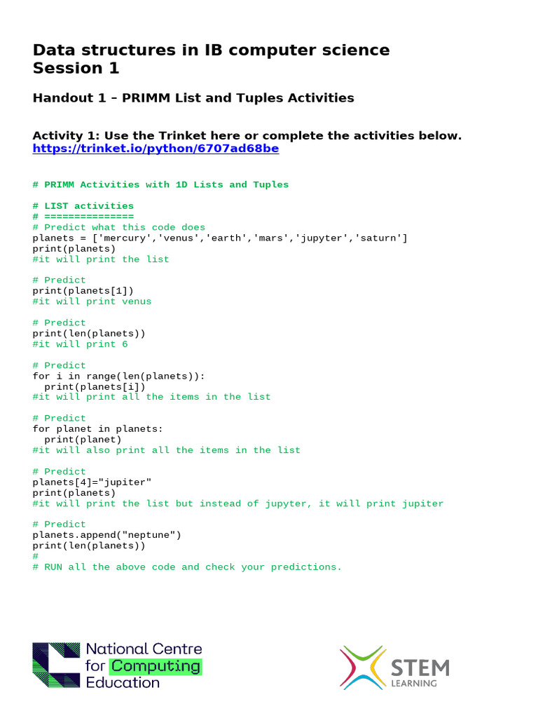 HL Handout 1 PRIMM IB Lists Activities | PDF