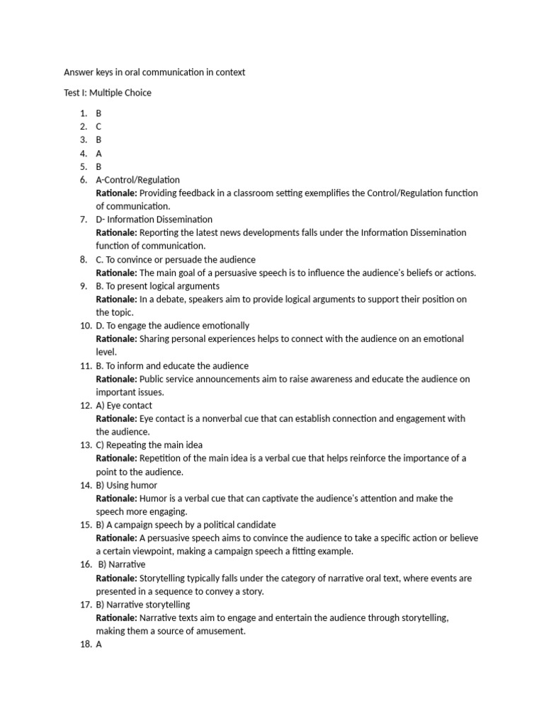 Answer Keys in Oral Communication in Context | PDF