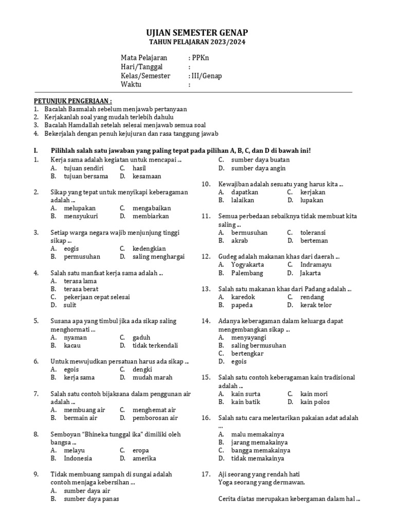 Soal UAS Kelas 3 PKN | PDF