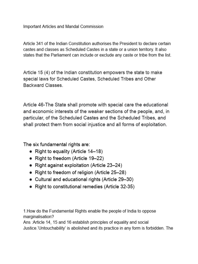 Important Articles and Mandal Commission 1 | PDF | Social Ethics | Rights