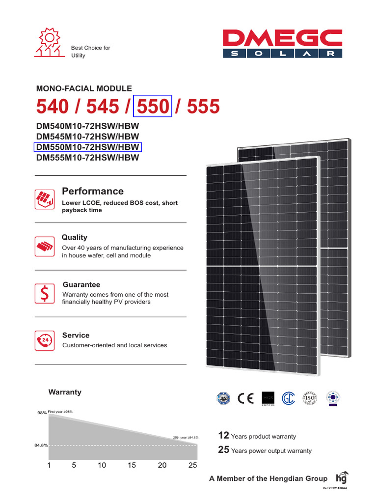 Fiche Technique Modules DMEGC DM550M10-72HSW HBW | PDF | Electricity ...
