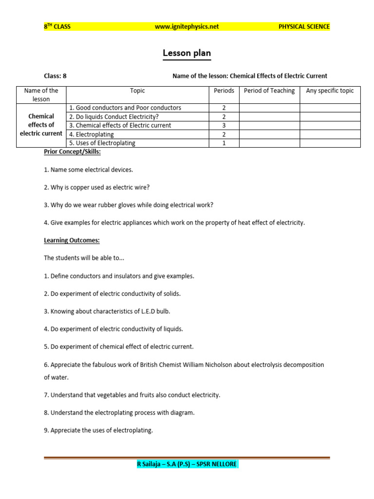 Chemical Effects of Electric Current (Lesson Plan) | PDF | Electric Current | Electricity