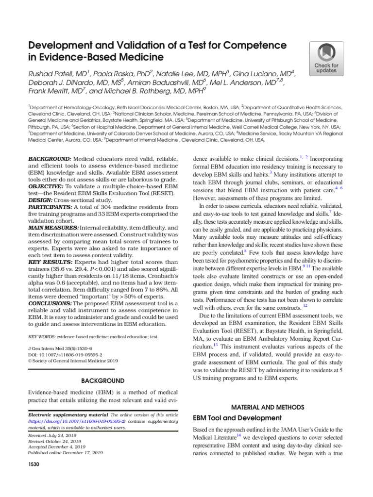 Validating the RESET EBM Assessment Tool | PDF | Validity (Statistics) | Evidence Based Medicine