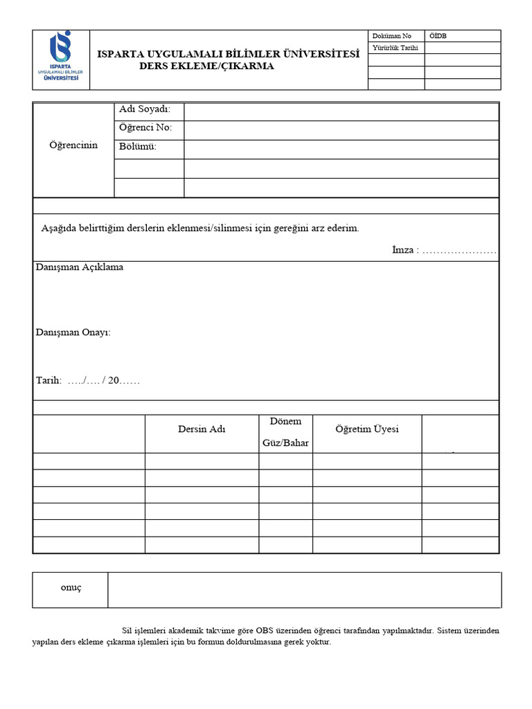 Oidb FRM Ders Ekleme Cikarma Formu | PDF