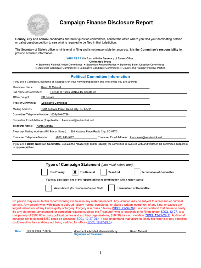 McNeal Pre-General CampaignFinance | PDF | Political Action Committee