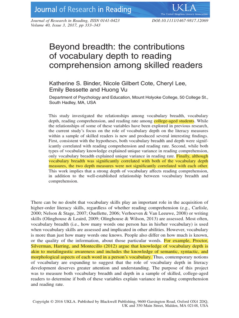 Binder (2016) Beyond Breadth The Contributions of Vocabulary Depth To ...