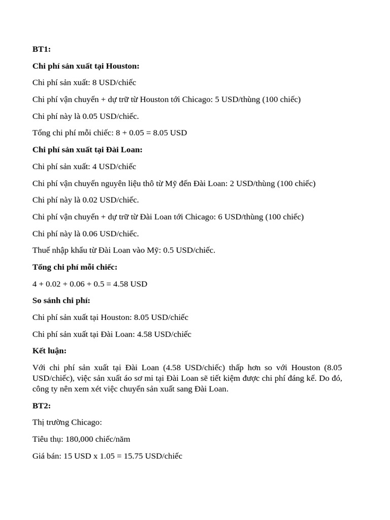 BT1: Chi phí sản xuất tại Houston | PDF