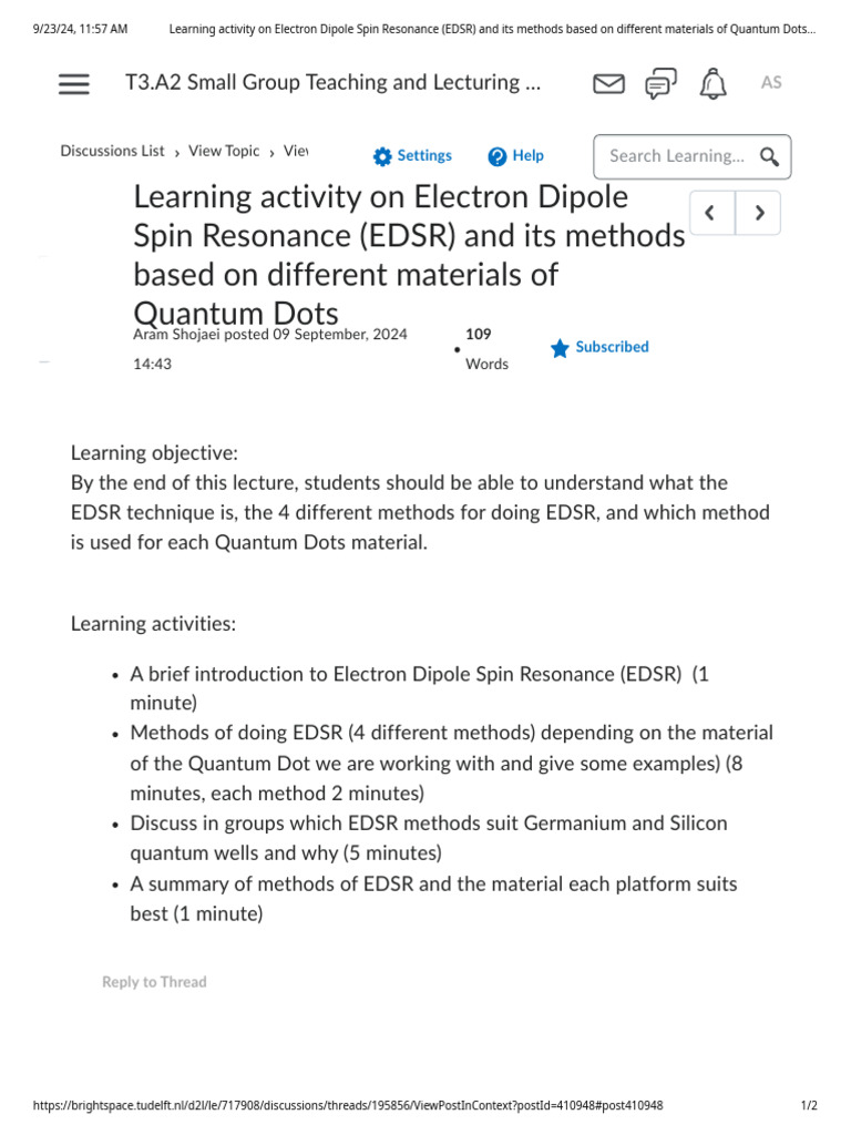 Learning Activity On Electron Dipole Spin Resonance (EDSR) and Its Methods Based On Different ...