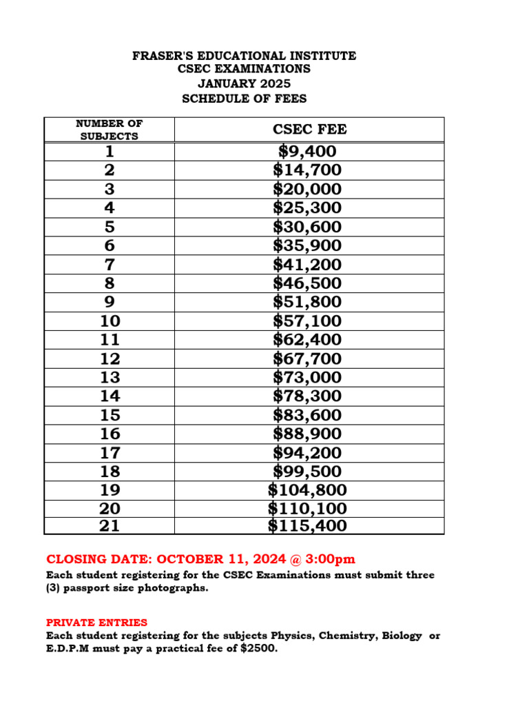 CSEC Schedule of Fees Form | PDF