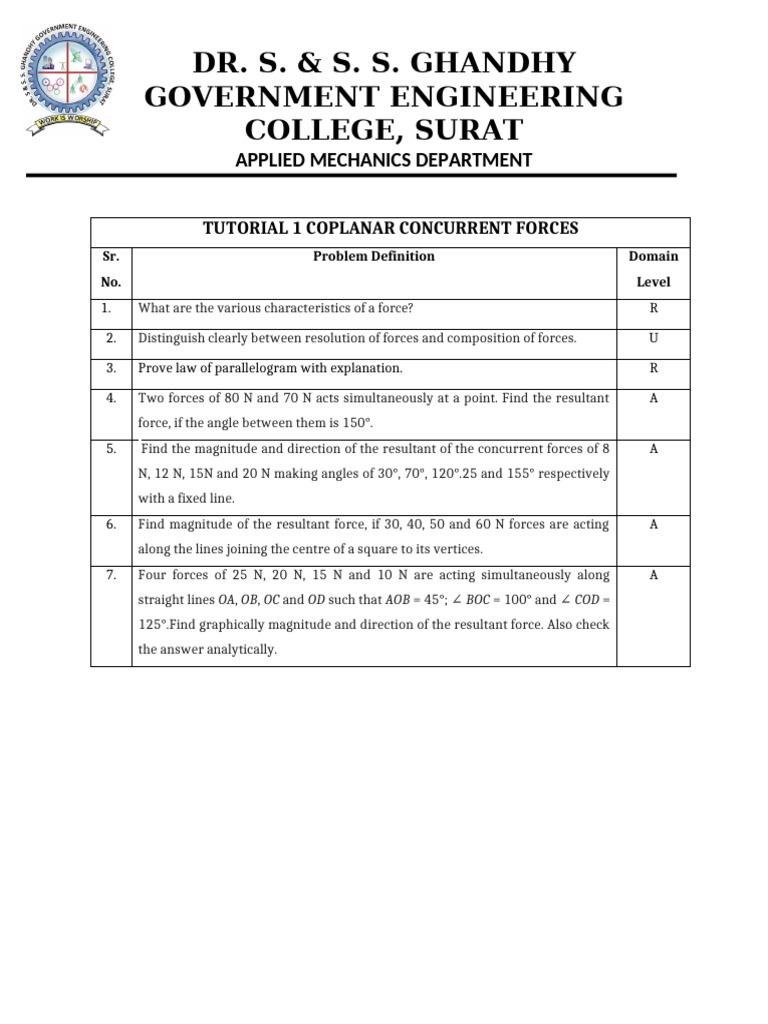 Tutorial 1 Coplanar Concurrent Forces | PDF