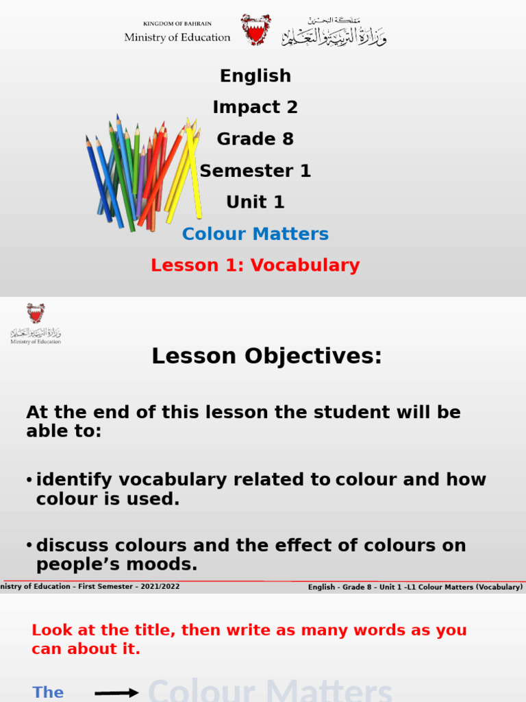 G8 U1 L1 - Vocabulary | PDF | Classroom | Color