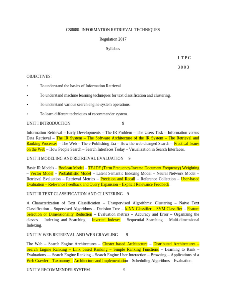 Syllabus | PDF | Information Retrieval | Search Engine Indexing