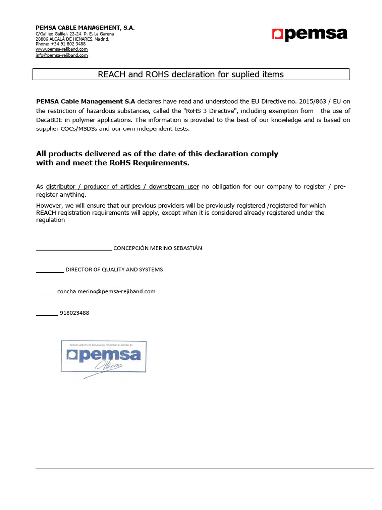 RoHs & REACH PEMSA Declaration En-Es | PDF | Ley de la Unión Europea ...