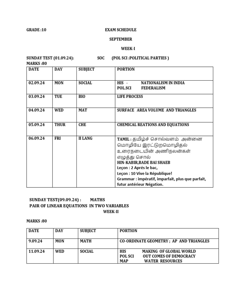 Exam Schedule Grade 10 2024 | PDF