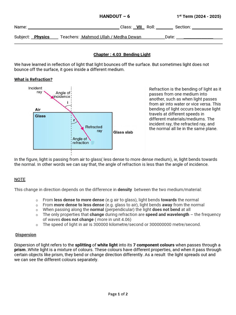 VII-Physics- Handout-6 | PDF | Refraction | Light