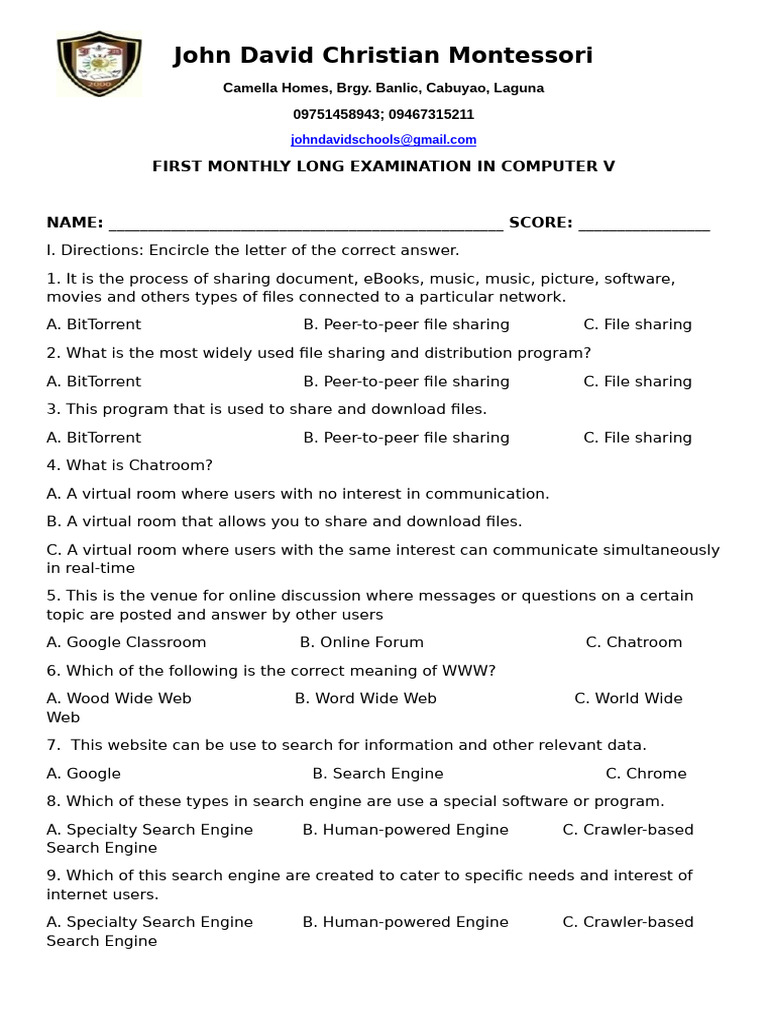 FIRST-MONTHLY-LONG-EXAMINATION-IN-COMPUTER - V | PDF | Peer To Peer | Computer File