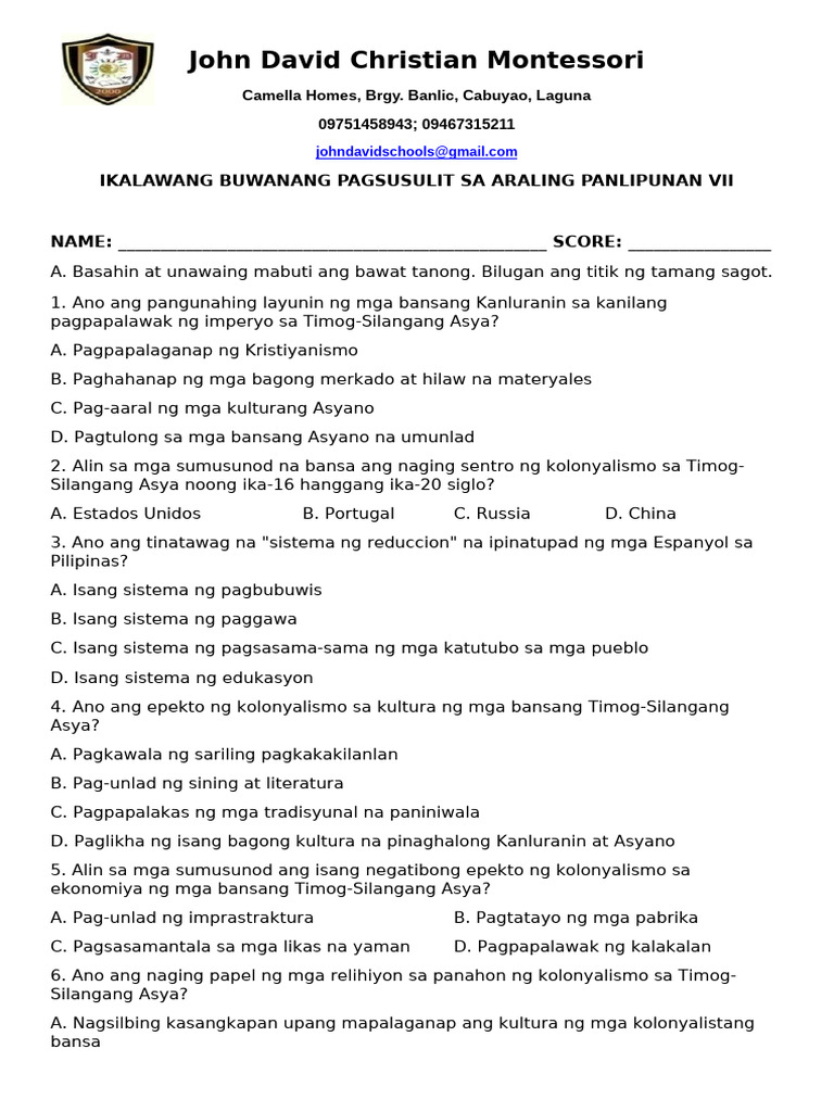 IKALAWANG BUWANANG PAGSUSULIT SA AP VII | PDF IKALAWANG BUWANANG PAGSUSULIT SA AP VII | PDF