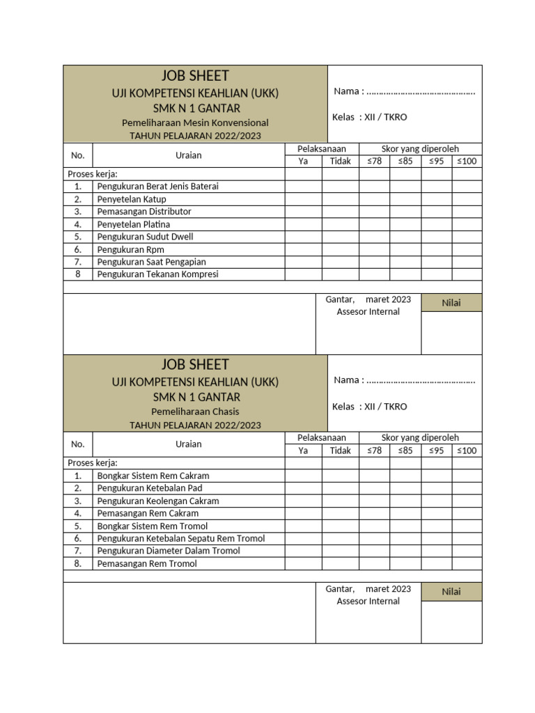 Job Sheet PMKR XII TKR Triwitono Internal | PDF