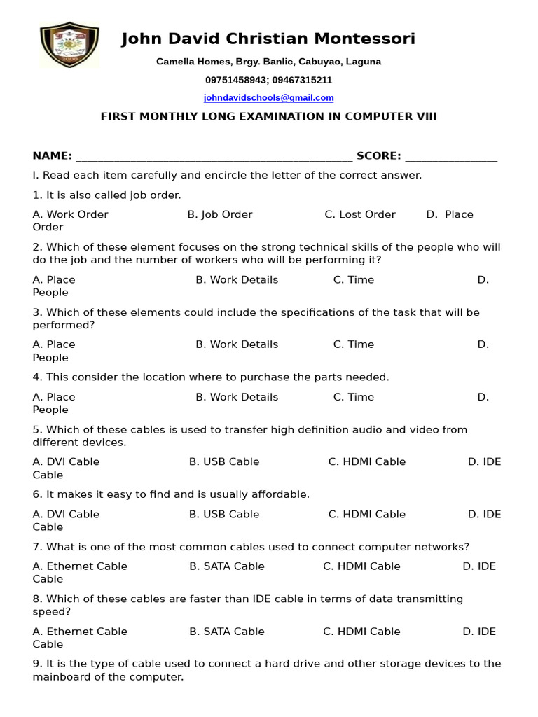 First Monthly Long Examination in Computer Viii | PDF | Hdmi ...