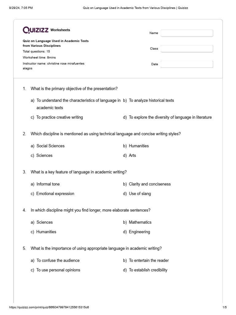 Quiz On Language Used in Academic Texts From Various Disciplines ...